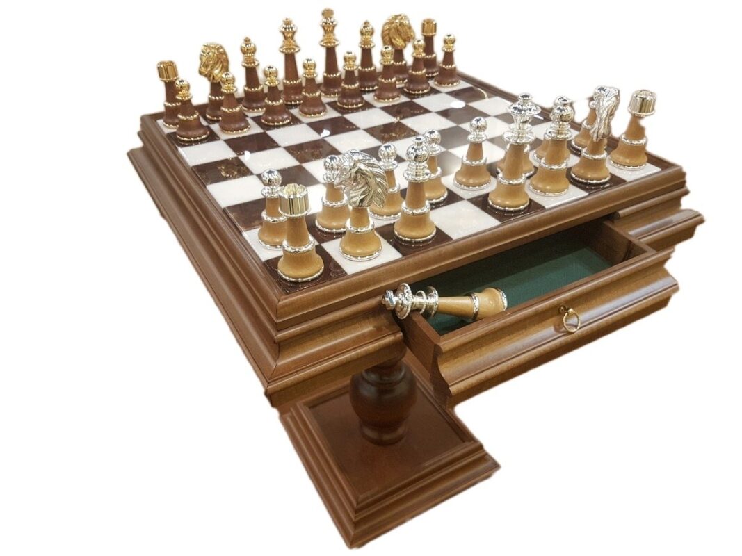 Table d'Echecs en Bois et Marbre et Pieces Echecs Luxe